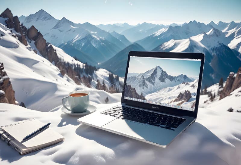 A Laptop on a Snowy Mountaintop with a Cup of Coffee and a Notebook ...
