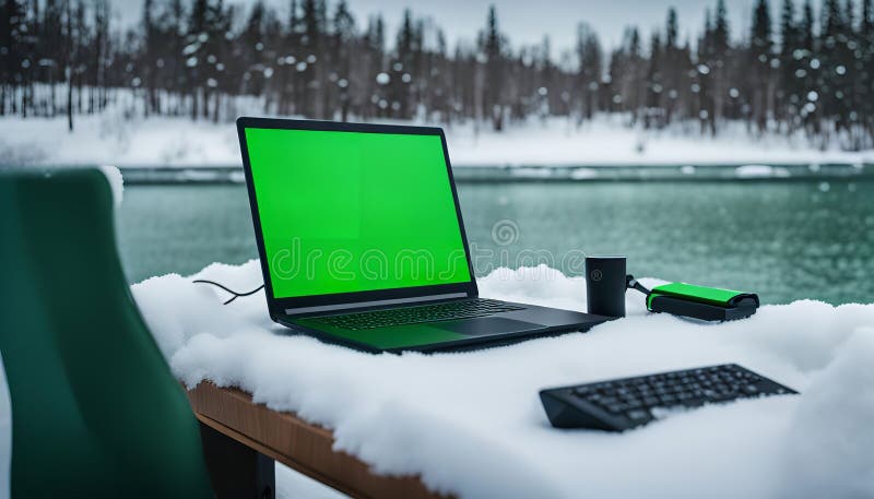 Laptop on a Snowy Table by a River Stock Illustration - Illustration of ...