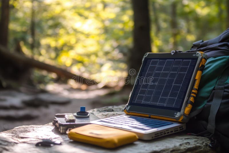 Laptop with Solar Panel Case in a Forest Setting Stock Illustration ...