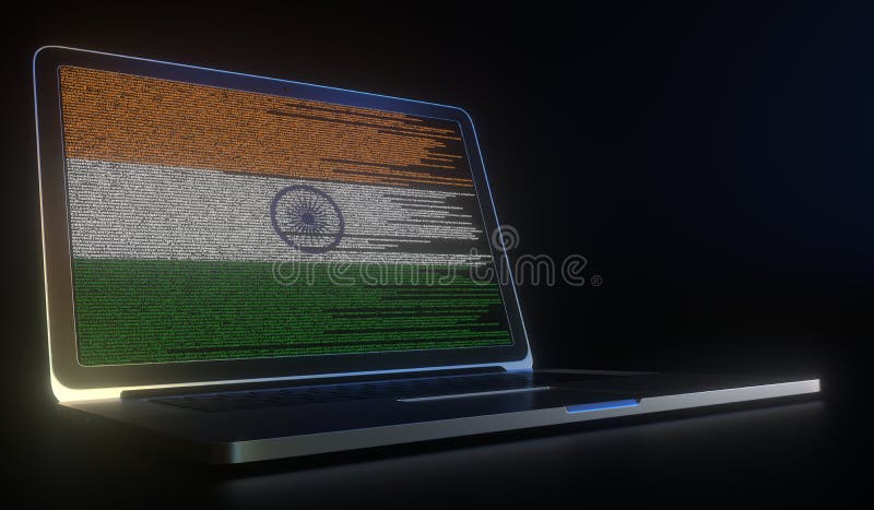 Laptop and Source Code on the Screen Composing Flag of India. National ...