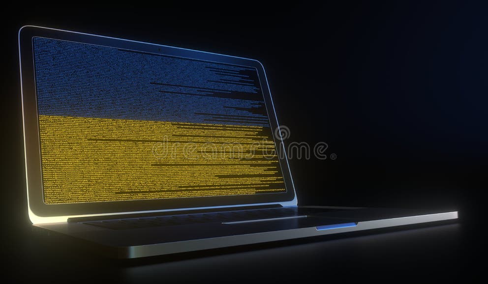 Laptop and Source Code on the Screen Composing Flag of Ukraine ...