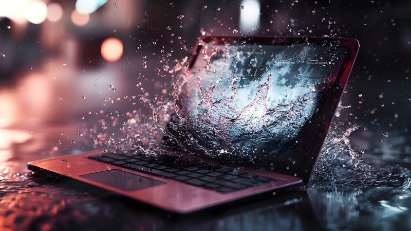 Laptop Splashed with Water in Dramatic Scene Under Neon Lights Stock ...