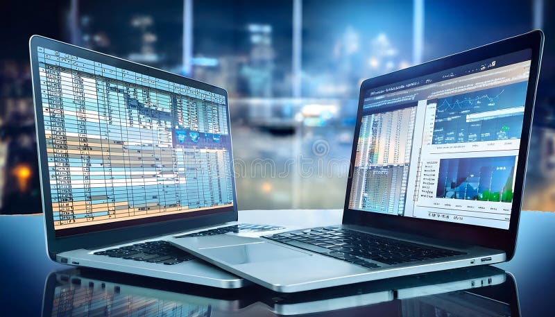 Laptop with Spreadsheet Open on Two Screens. Spreadsheet Contains ...