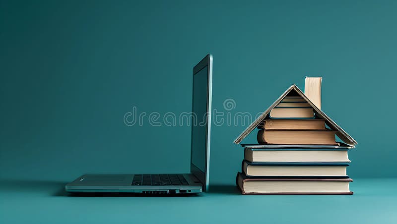 Laptop and Stack of Books Arranged in a House Shape Against a Teal ...