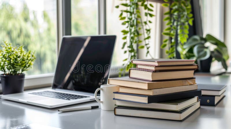 Laptop beside a Stack of Books on a Clean Desk Stock Illustration ...