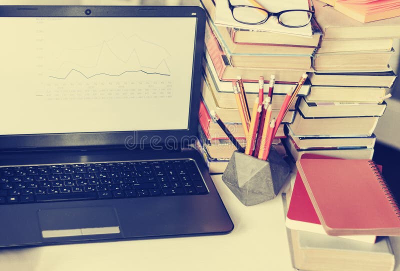 Laptop, Stack Of Books, Notebooks And Pencils On White Table, Education ...