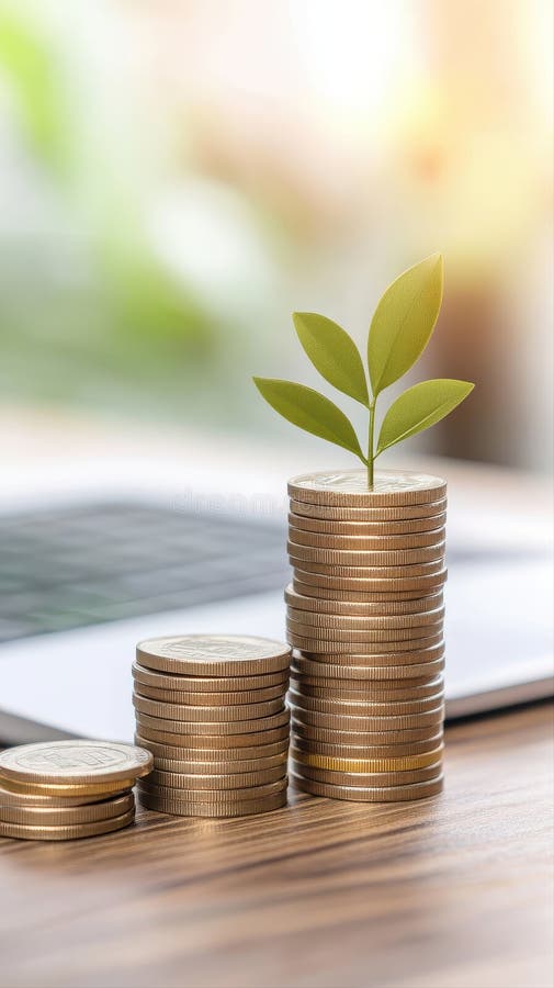 Laptop and Stack of Coins Representing Business Concepts for ...