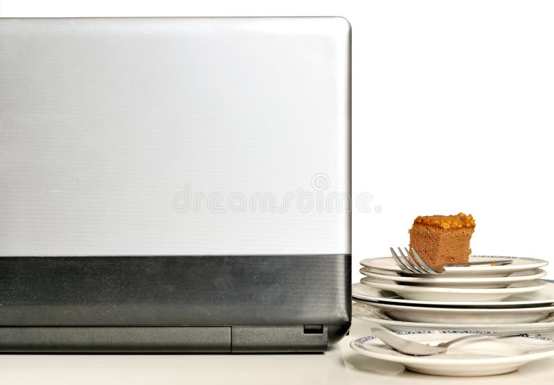 Laptop with Stack of Dirty Plates on Working Desk Stock Image - Image ...
