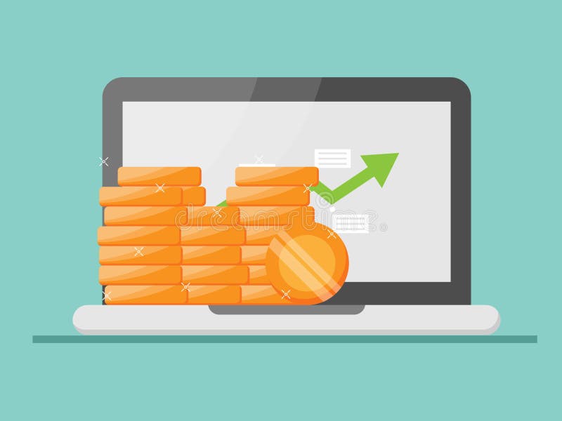 Laptop with Stack of Money Coins and Growth Green Graph on Screen Stock ...