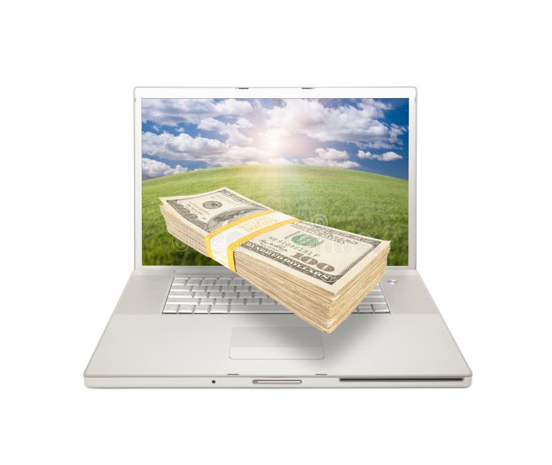 Laptop with Stacks of Money Coming from Screen Stock Photo - Image of ...