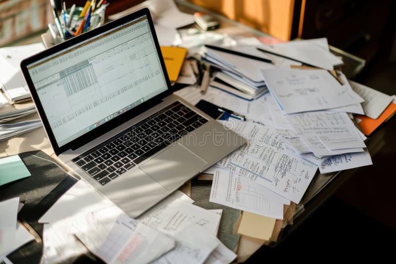 Laptop and Stack of Papers on a Desk Stock Illustration - Illustration ...