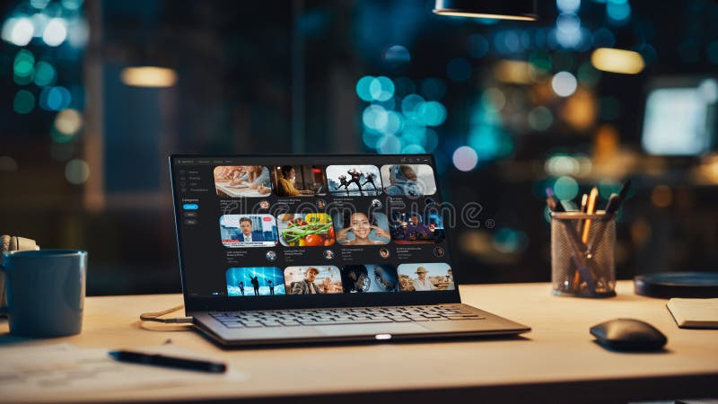 Laptop Standing on a Desk with a Video Streaming Platform Displayed on ...