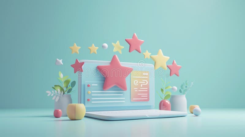 Laptop with Star Rating on Screen, 3d Rendering. Computer Generated ...