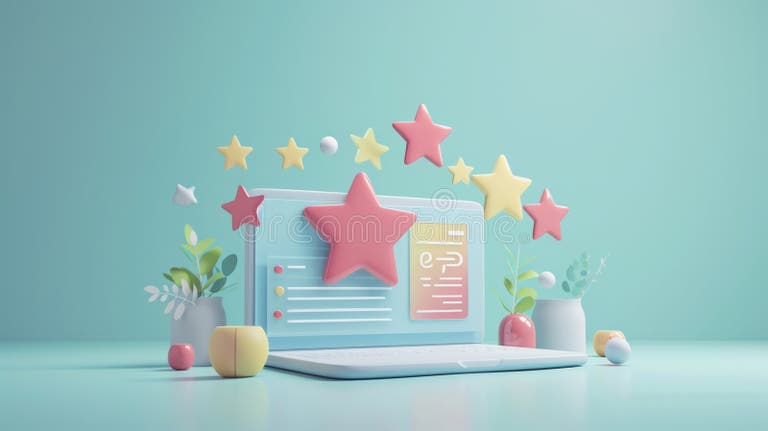 Laptop with Star Rating on Screen, 3d Rendering. Computer Generated ...