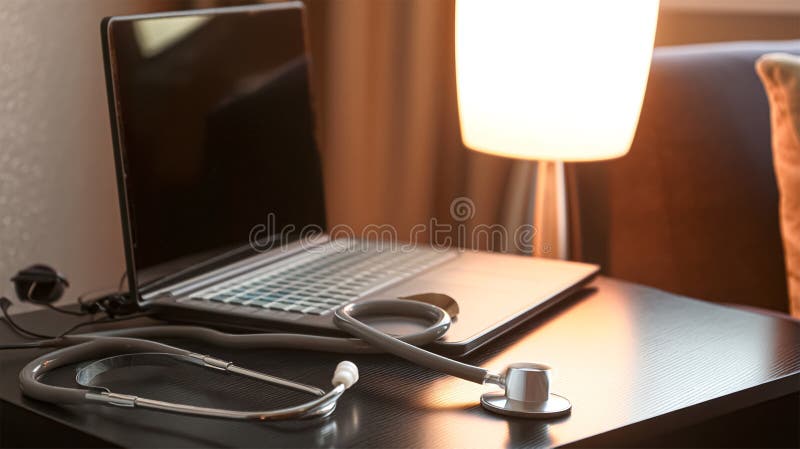Laptop and Stethoscope on Light Blue Background, Flat Lay. Space for ...