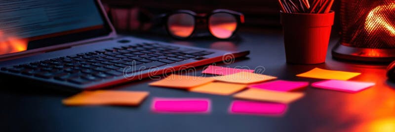 Laptop and Sticky Notes Capture Workflow on Desk with Warm Light Theme ...