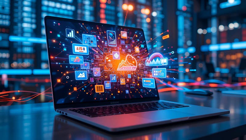 Laptop Streaming Internet Content from Multiple Sources Stock ...