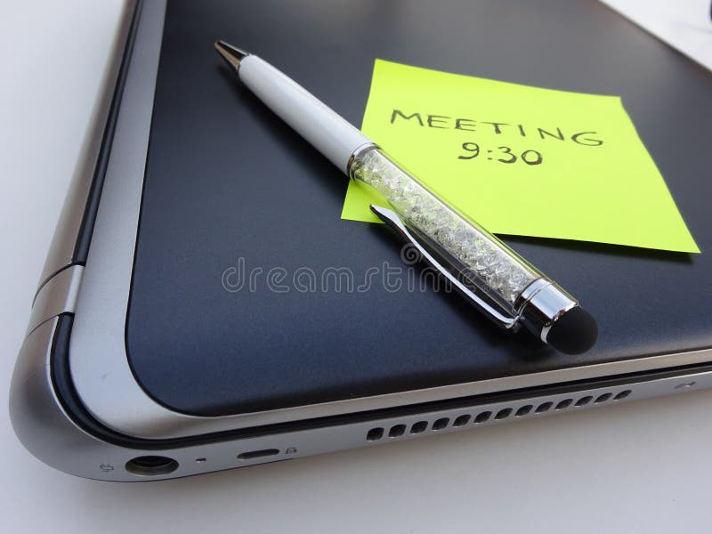 Meeting Concept: Laptop and Stylus Pen with Post-it Note. Stock Image ...