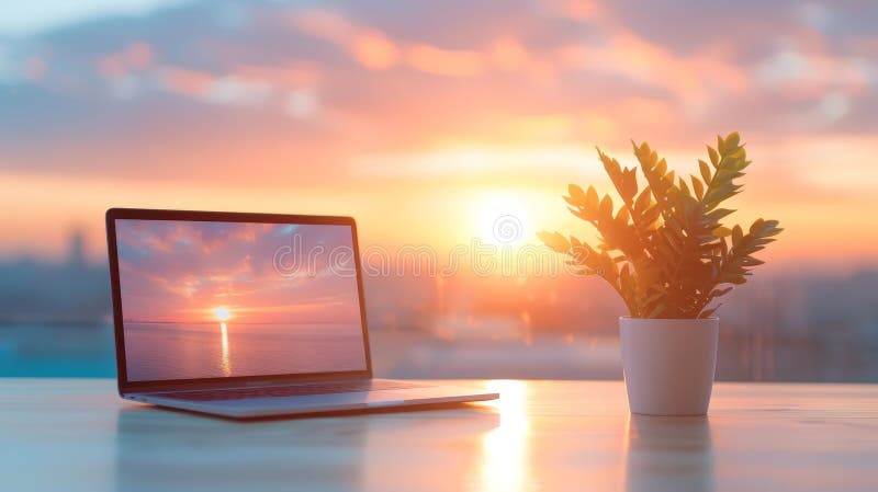 Laptop with Sunset Reflection on Desk Stock Illustration - Illustration ...