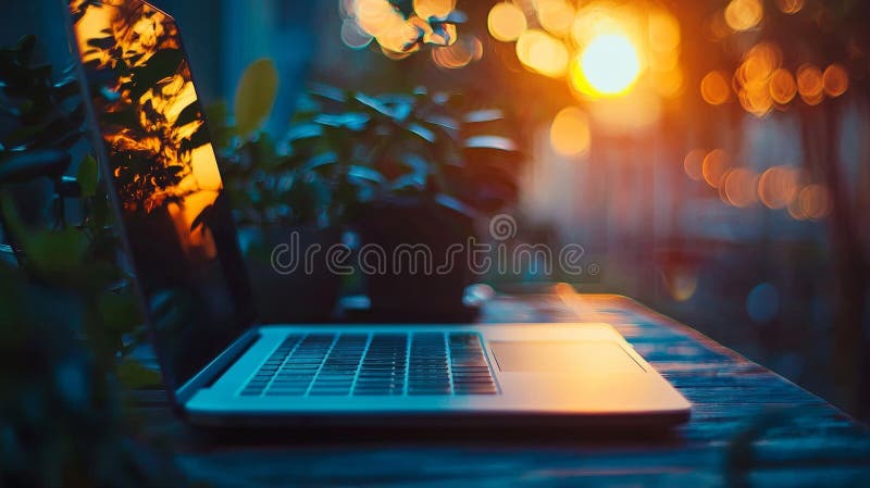 Laptop Sunset Reflection Surrounded Plants Stock Photos - Free ...
