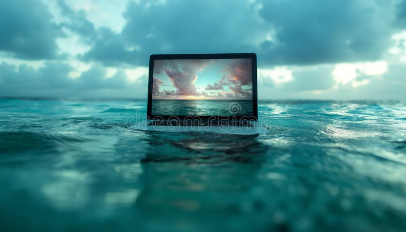 Laptop with a Sunset Screen on the Water Stock Image - Image of water ...