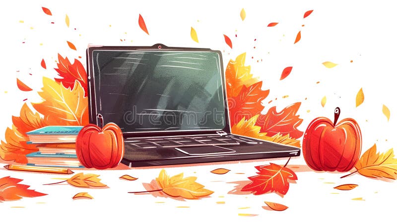 A Laptop Surrounded by Autumn Leaves and Pumpkins on a Cozy Fall Day ...