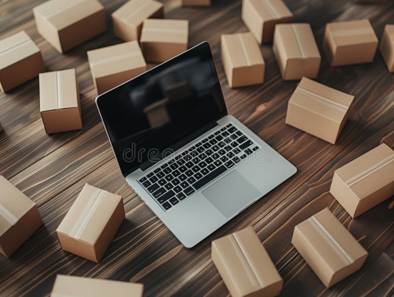 Laptop Surrounded Cardboard Boxes Wooden Surface Stock Photos - Free ...