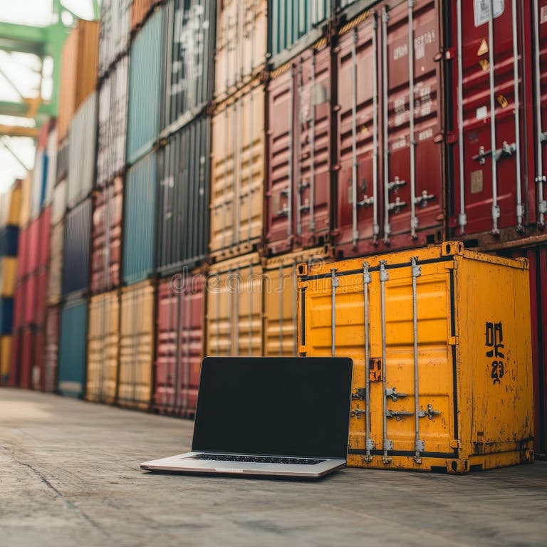 A Laptop Surrounded by Cargo Containers a Unique Blend of Technology ...