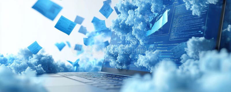 Laptop with Digital Documents Flying in Cloud Computing Background ...