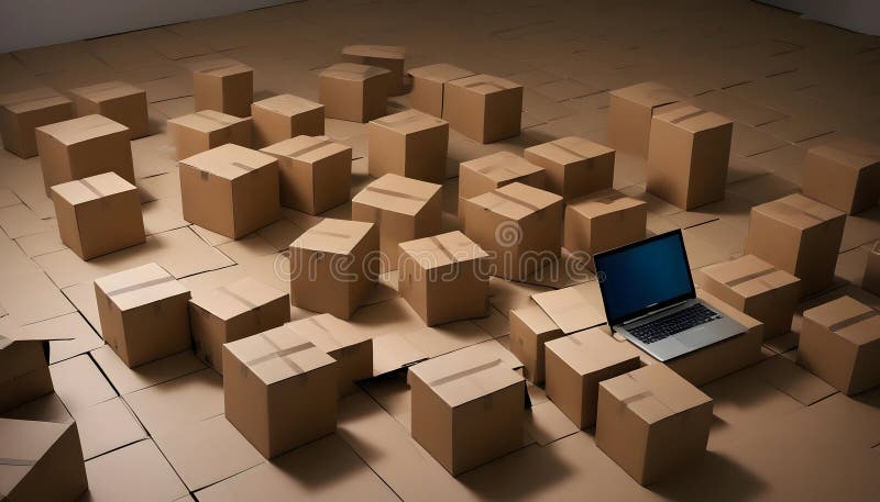 Laptop Surrounded by Multiple Cardboard Boxes in Empty Room Stock ...