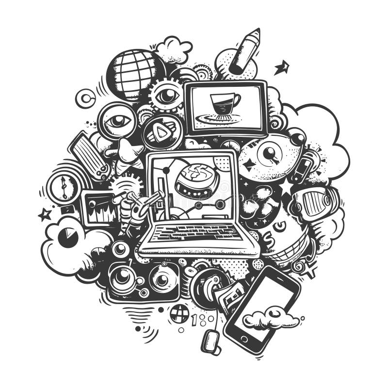 Abstract Technology Doodle Illustration: Laptop, Smartphone, and Global ...