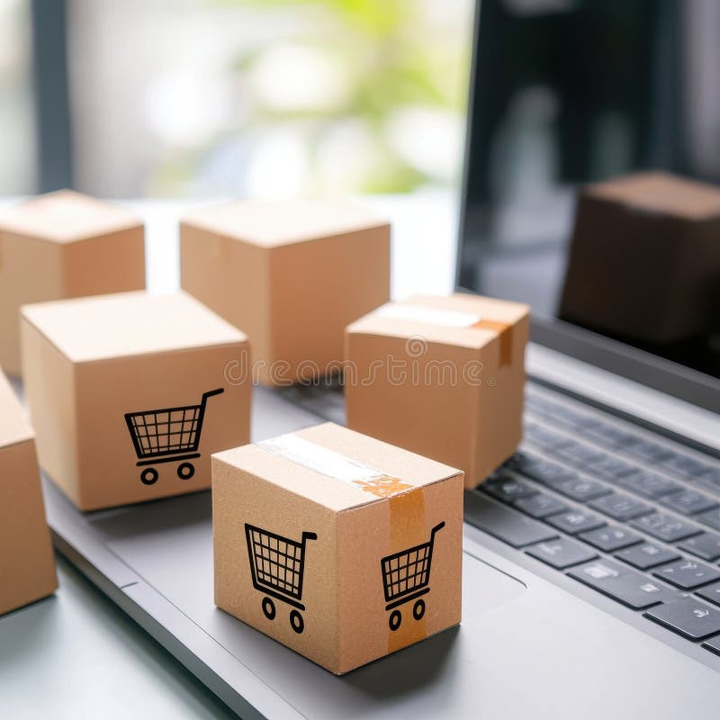 Laptop Surrounded by Various Shipping Boxes Representing E-commerce Business Concepts and ...