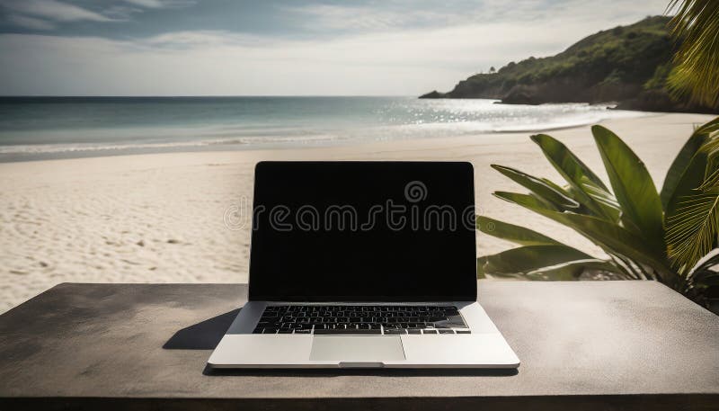 Laptop on Table at Beach. Digital Nomad and Remote Work Concept Stock ...
