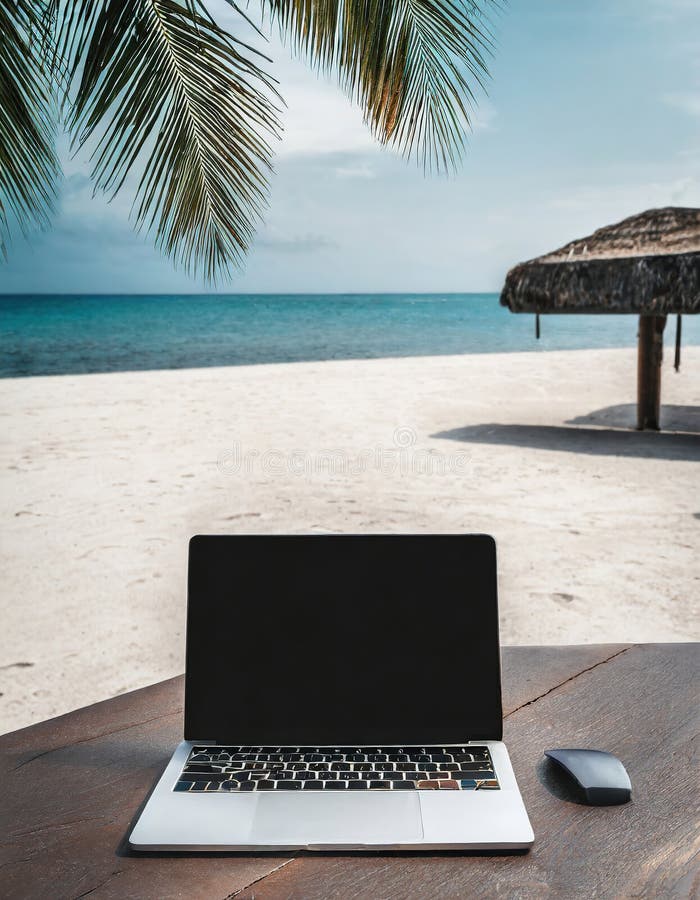 Laptop on Table at Beach. Digital Nomad and Remote Work Concept Stock ...