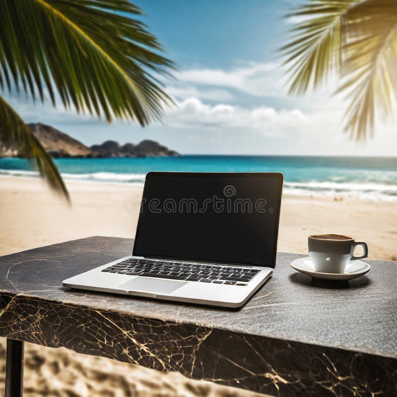 Laptop on Table at Beach. Digital Nomad and Remote Work Concept Stock ...