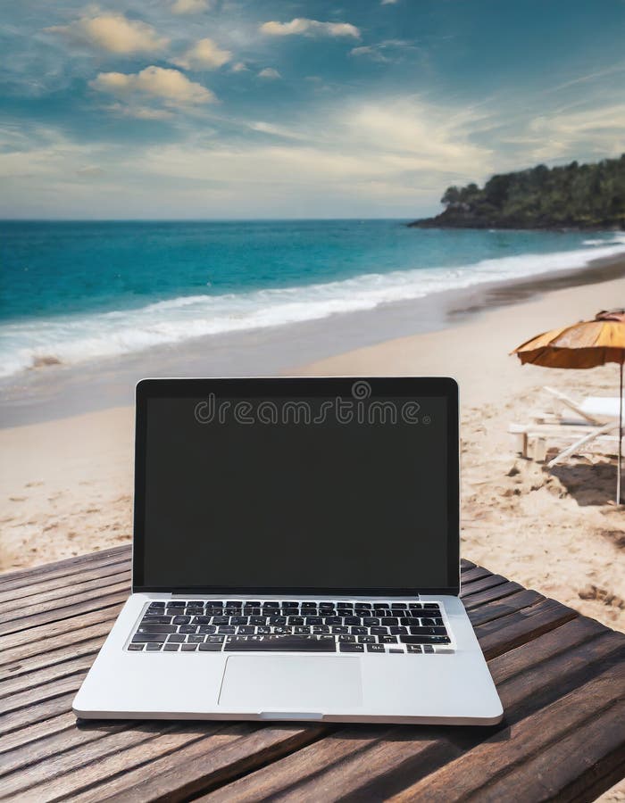 Laptop on Table at Beach. Digital Nomad and Remote Work Concept Stock ...
