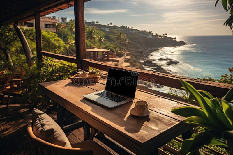 Laptop on Table with Beach and Sea View, Workplace while Relaxing ...