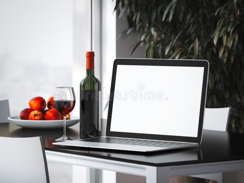 Laptop on the Table with Bottle. 3d Rendering Stock Image - Image of ...
