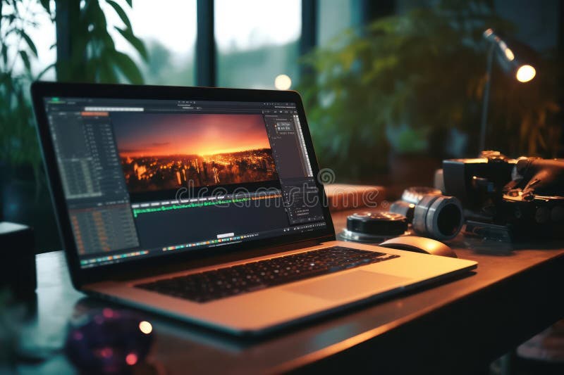 Laptop on the Table in a Cafe Gear of Content Creator or Freelance with ...