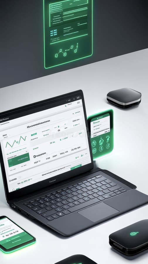 A Laptop is on a Table with a Cell Phone and a Tablet Stock Photo ...