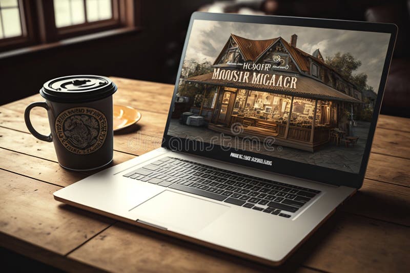 Laptop on the Table in Coffee House. Generative AI Stock Illustration ...