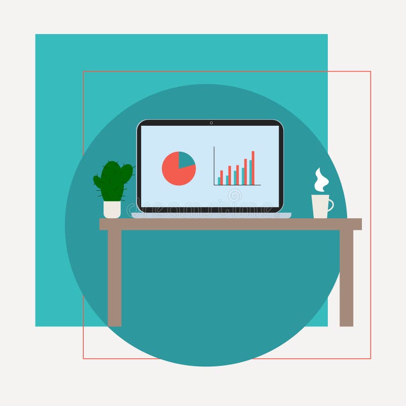 Laptop on the Table with Coffee and Plant Flat Design Vector with ...