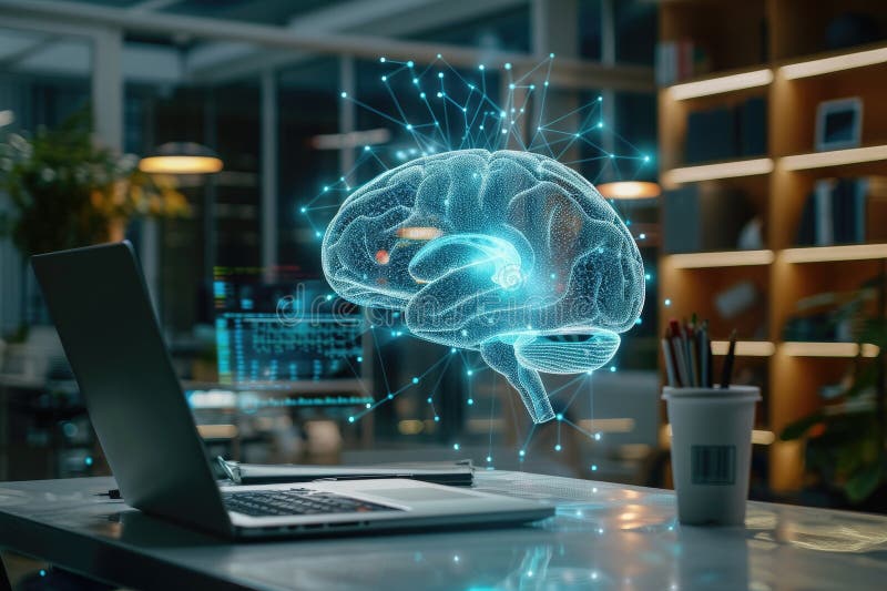 Laptop on Table with Creative Digital Brain Hologram on Blue Background ...