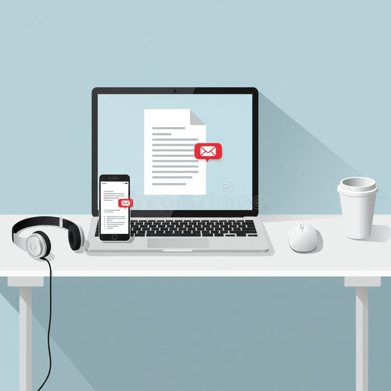 Laptop on a Table with a Document and Email Notification on the Screen ...