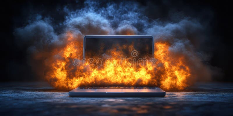 A Laptop on a Table Emits Flames, Indicating a Potential Fire Hazard or ...