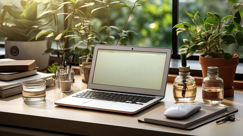 Laptop on Table, Freelancer Workplace Stock Illustration - Illustration ...