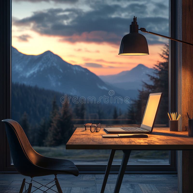 Laptop on a Table in Front of a Panoramic Window Overlooking the ...