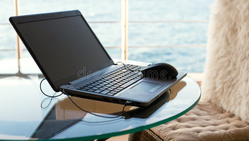 Laptop on the Table on the Hotel Balcony with Sea View. Remote Work ...