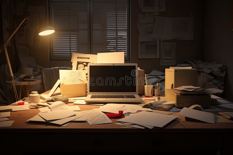 Laptop on Table with Many Paper Documents at Night, AI Generated Stock ...
