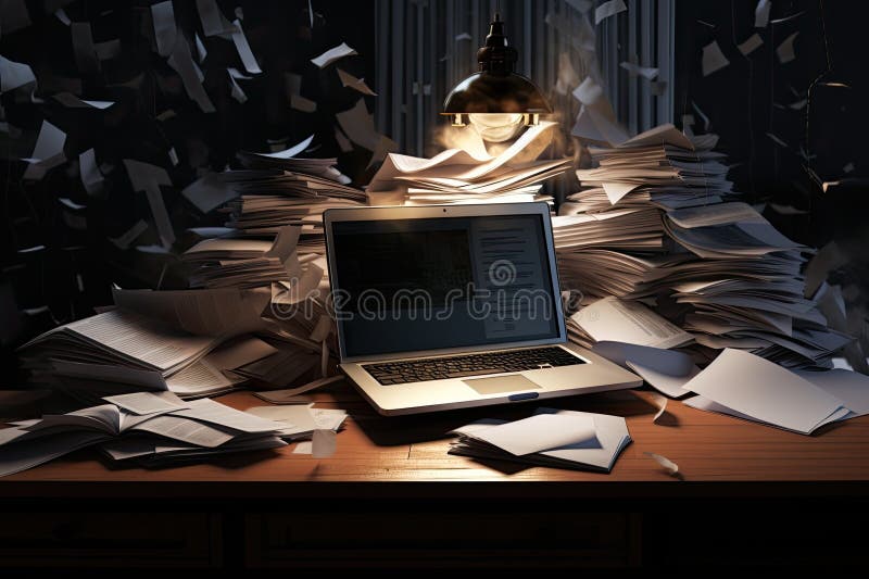 Laptop on Table with Many Paper Documents at Night, AI Generated Stock ...